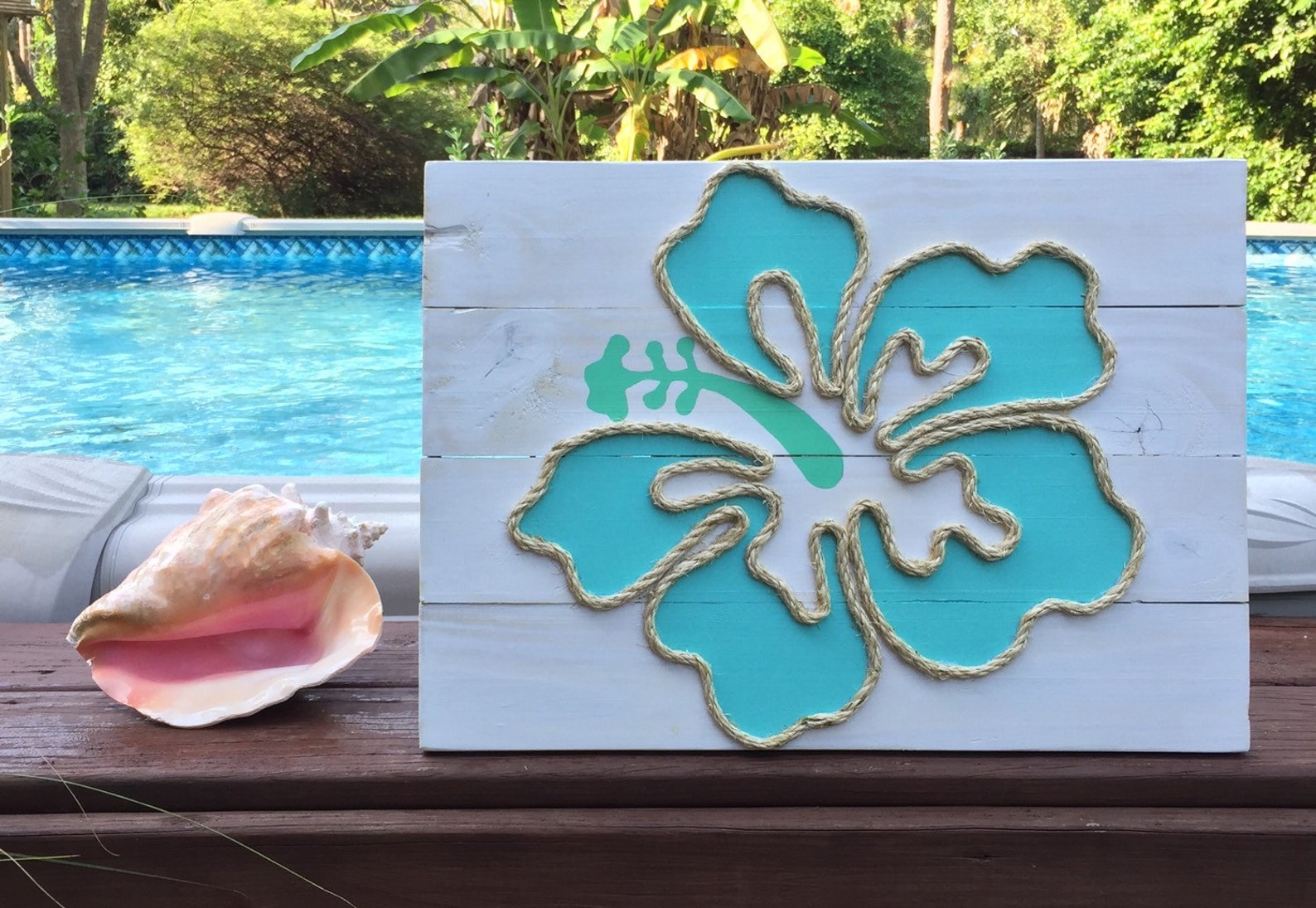 Handmade Hibiscus With Rope Beach Pallet Art Coastal Decor Rope Art ...