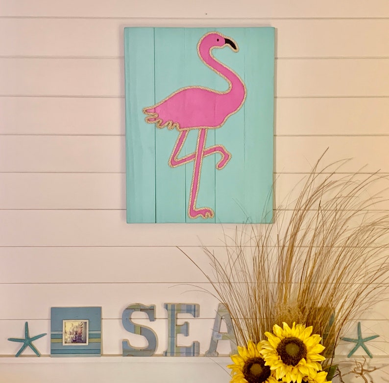 Handmade Flamingo With Rope Beach Pallet Art Coastal Decor - Etsy