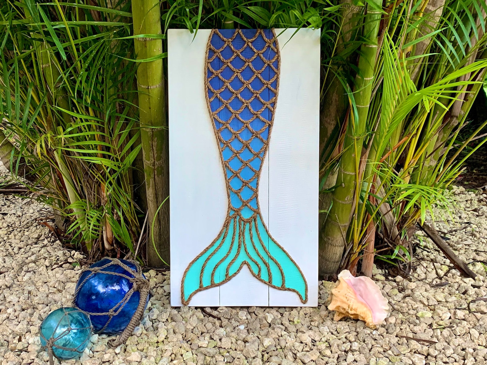 Handmaid Mermaid Tail With Rope Beach Pallet Art Mermaid Art Coastal ...