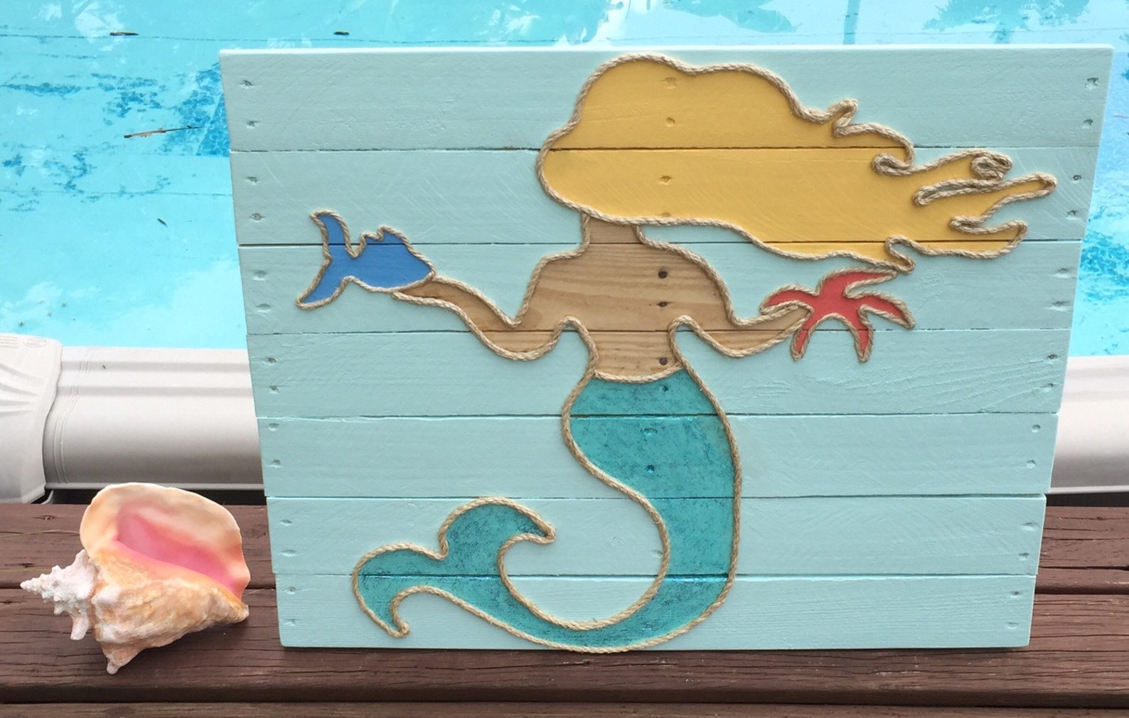 Handmade Mermaid With Rope Beach Pallet Art Coastal Decor Mermaid Art ...