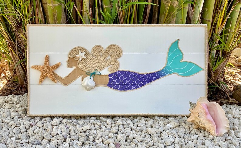 Handmade Swimming Mermaid with Rope Beach Pallet Art Coastal Decor ...