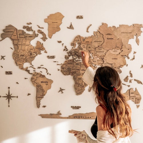 Wooden World Map Wall Art World Map Push Pin Travel Map - Etsy