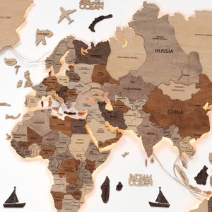 Wooden World Map With LED Backlighting, Wall Art LED, Our Travels Map ...