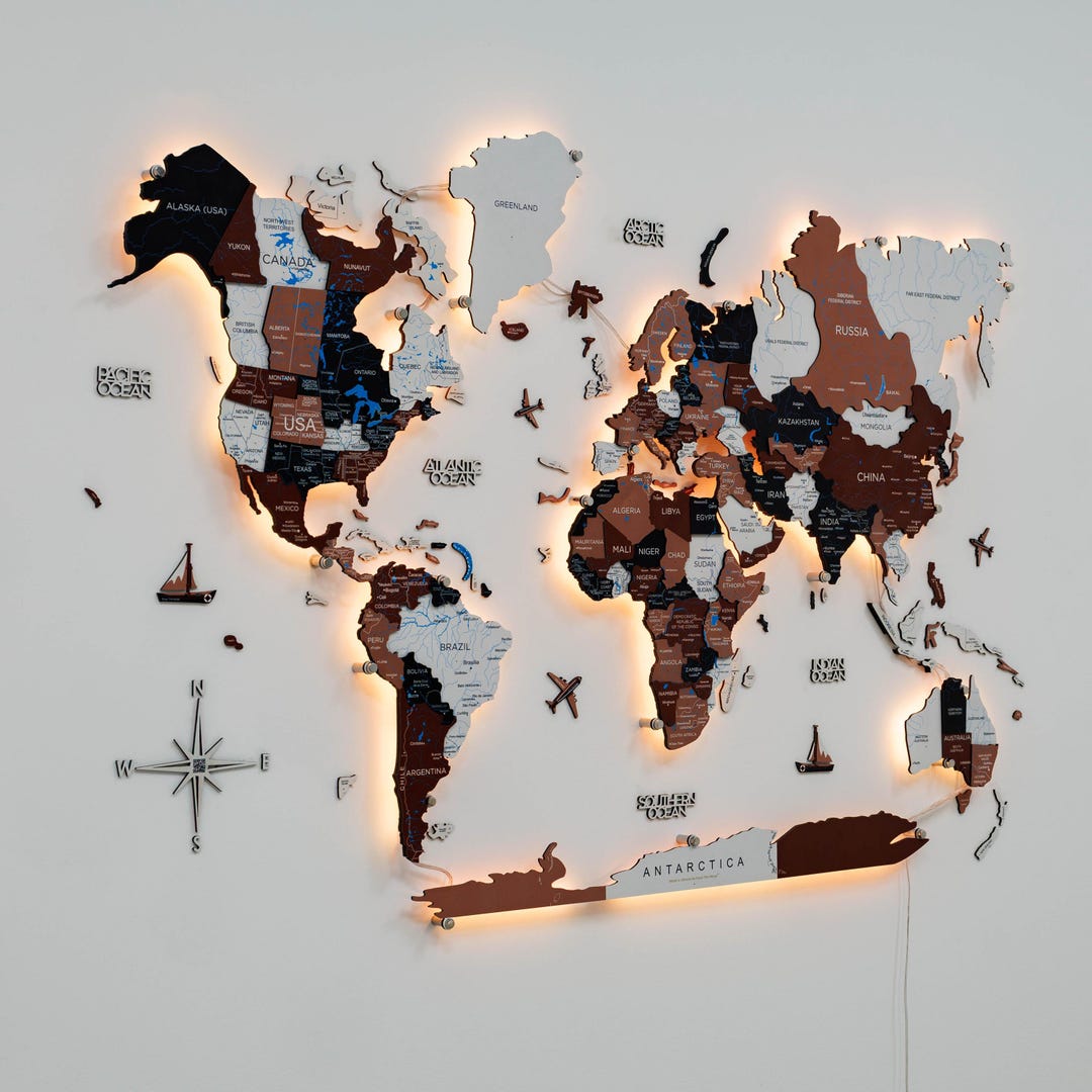 3D World Map With LED Backlight Glows in the Dark Push Pin Traveling ...