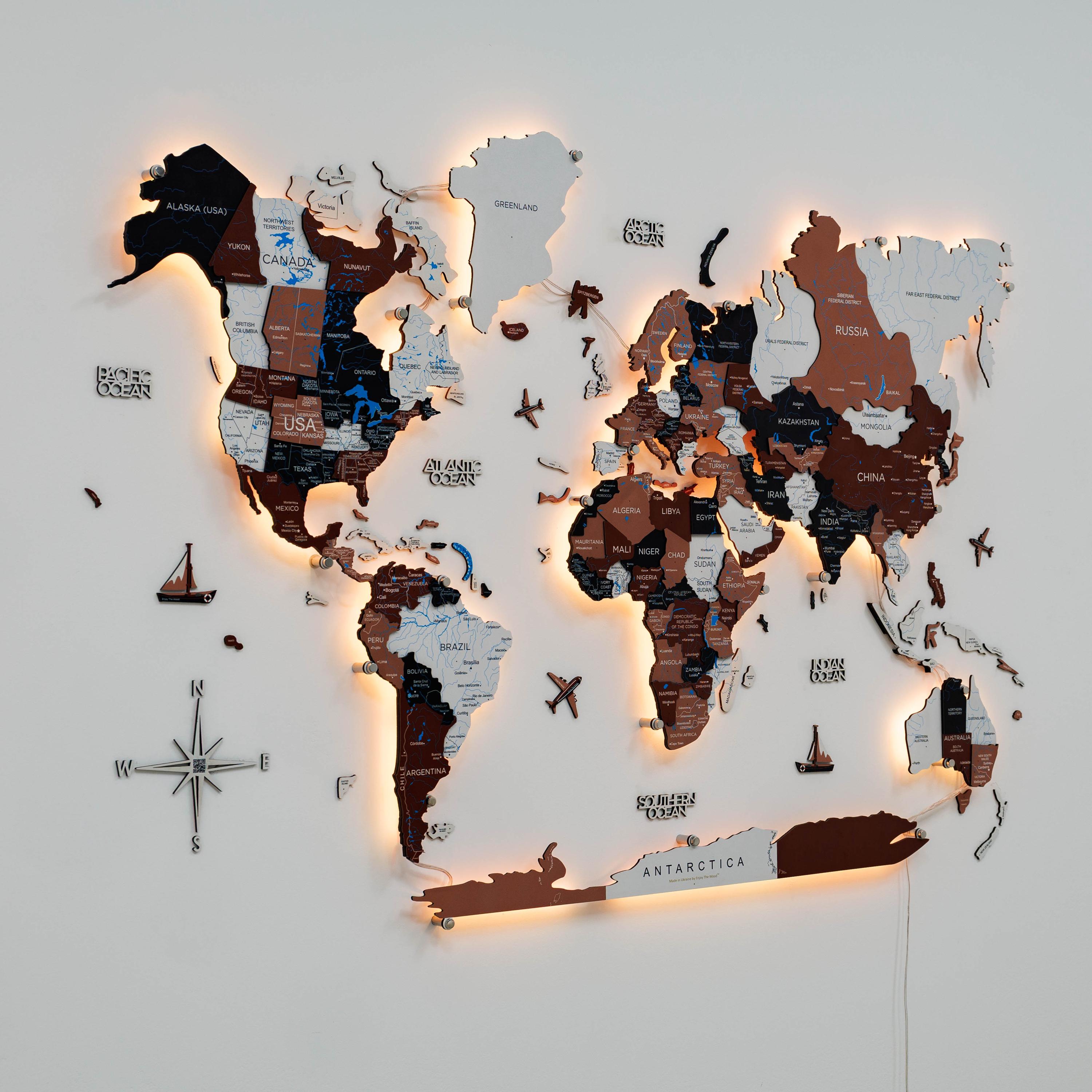 3D World Map With LED Backlight Glows in the Dark Push Pin Traveling ...