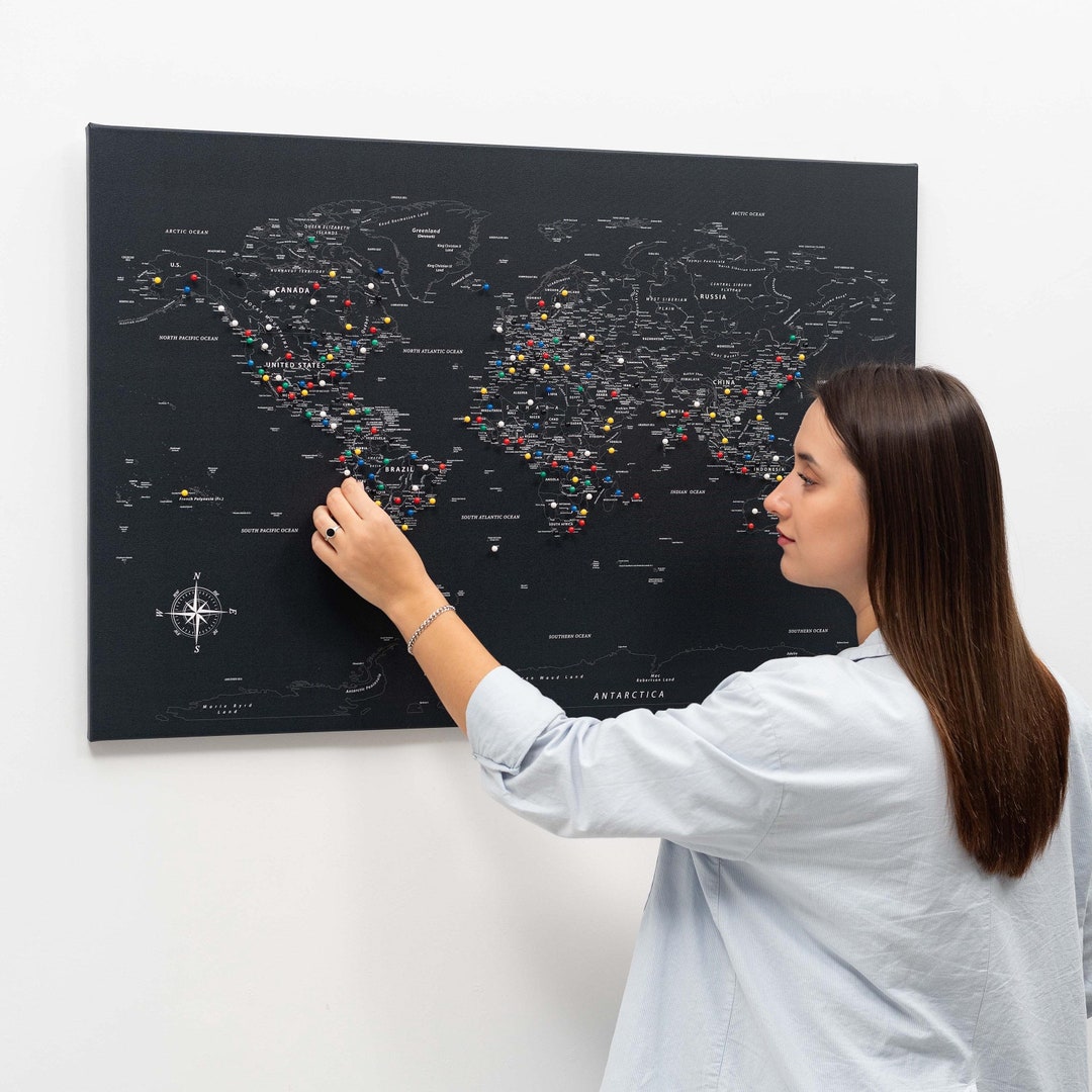 Detailed Travel Map, Visited Countries Pin Board Canvas, Places You've ...