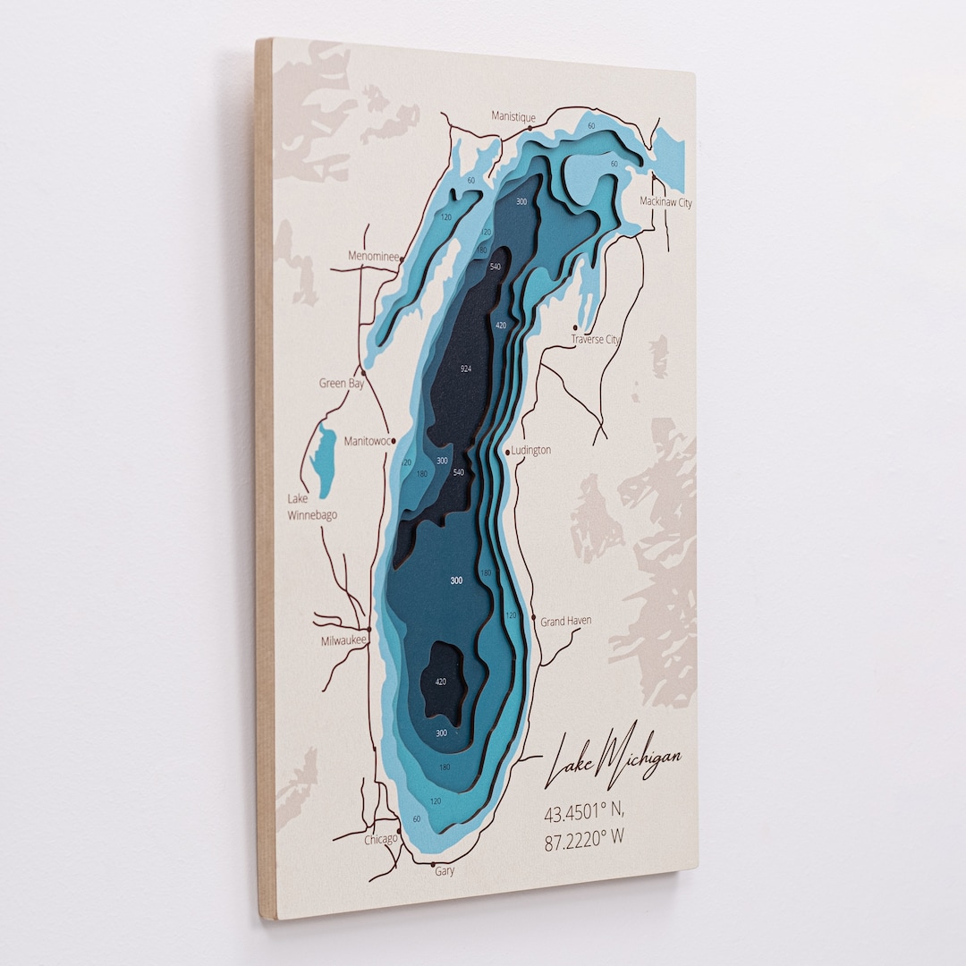 Lake Michigan Depth Map, Wall Art, Home Office Decor, 3D Wooden Lake ...