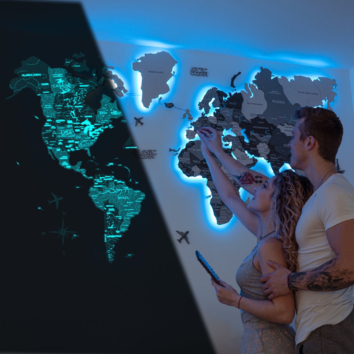 3D World Map With LED Backlight, Travel Map Push Pin, Home Decor ...