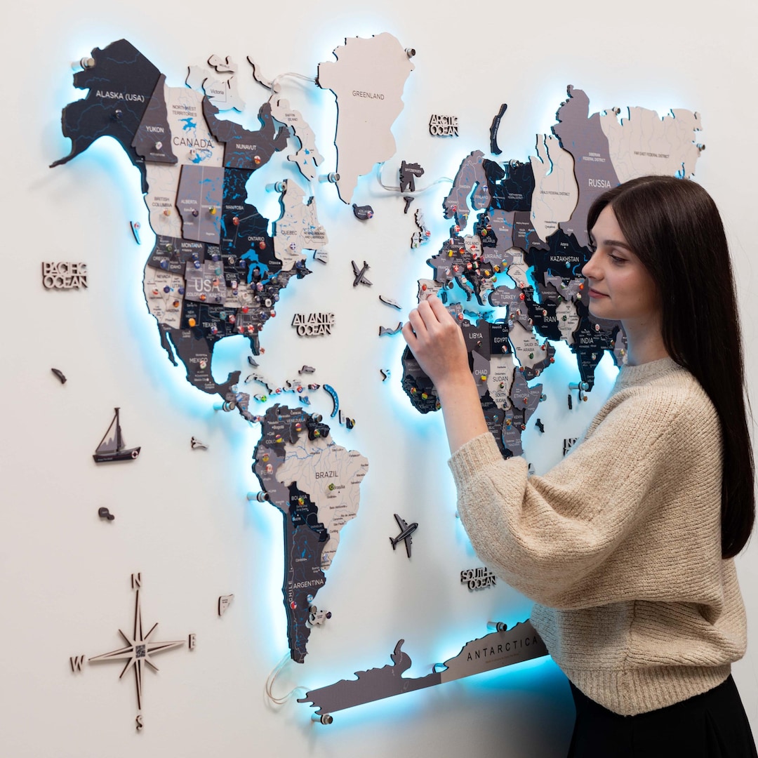 3D World Map With LED Backlight, Travel Map Push Pin, Home Decor ...