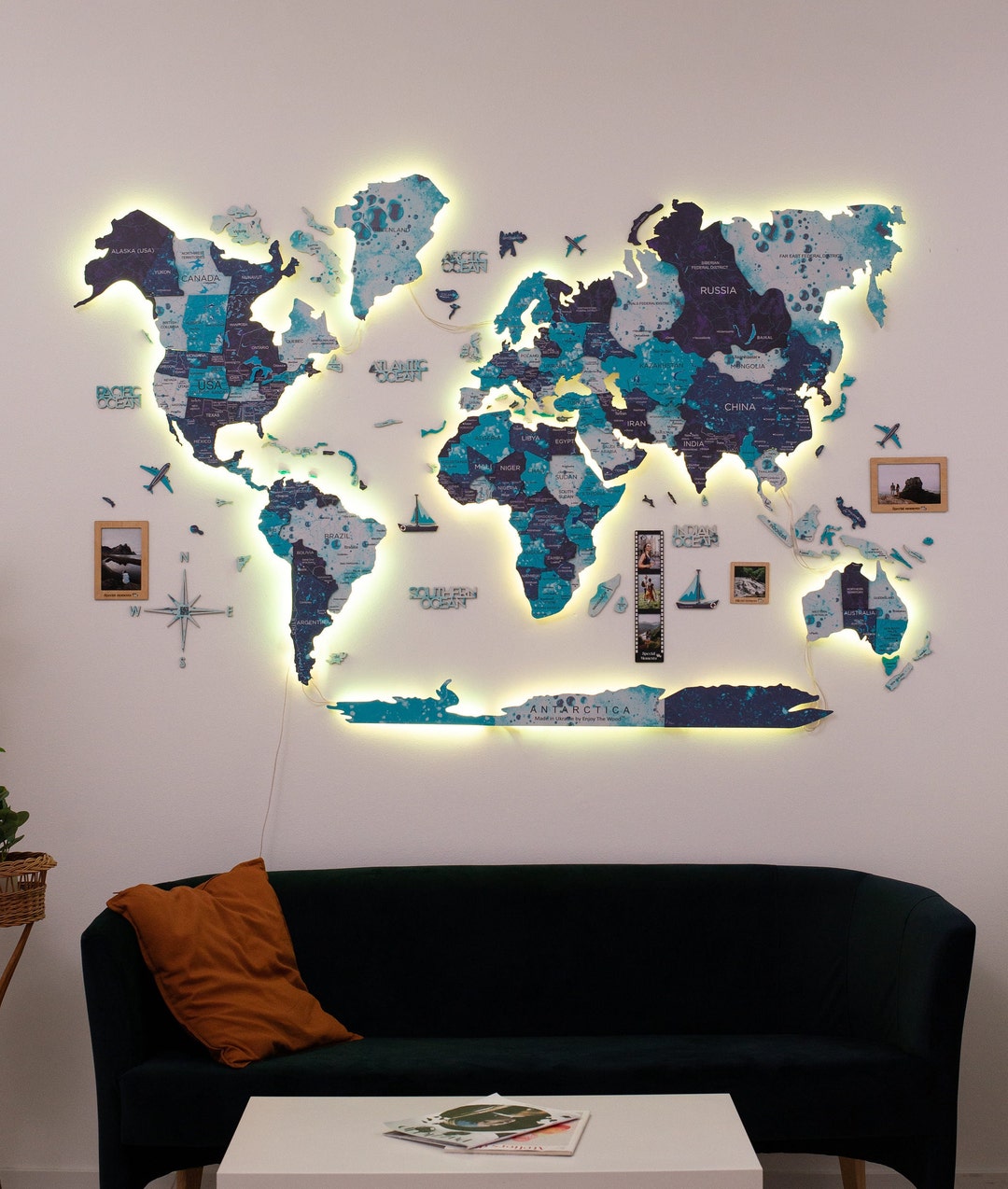 LED World Map, Home Decor, Travel Art, Blue Color Wood Map, Globe Art ...