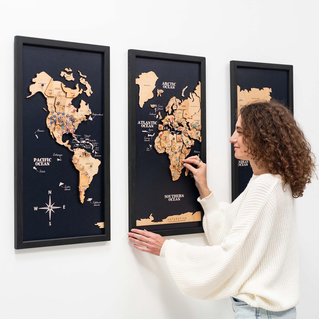 3 Piece Wall Art, Push Pin World Map Decor, Travel Tracker Map, 5th ...