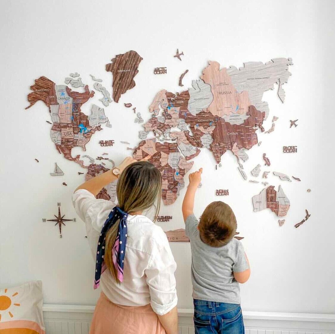 Natural Wood Wall Map Location Map 3D World Map Wall Art - Etsy