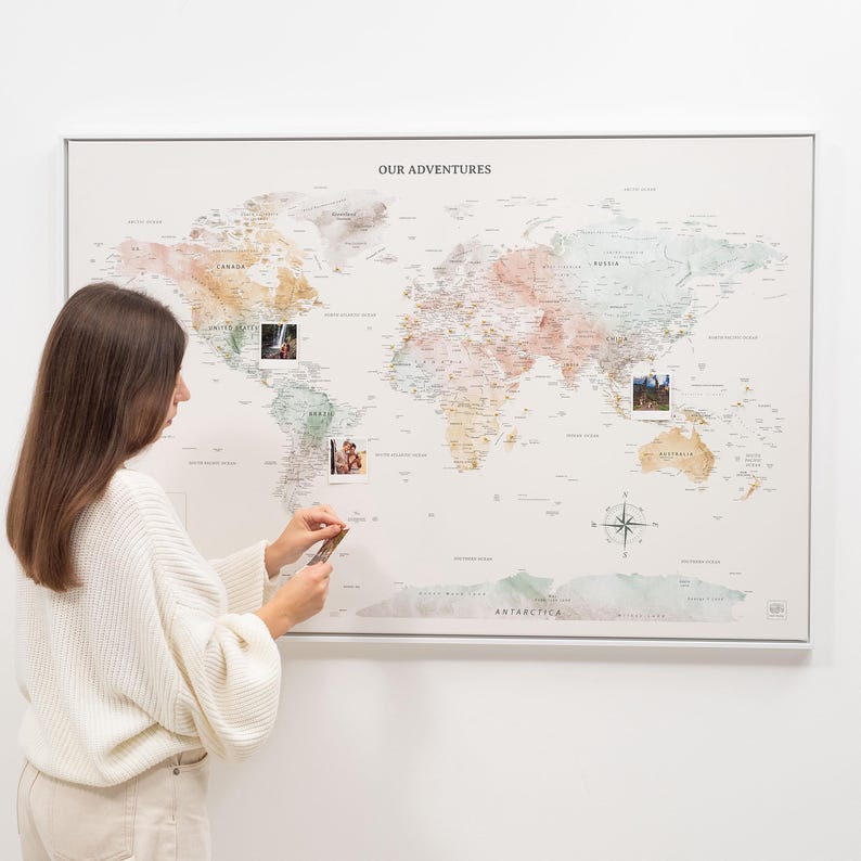 Personalized World Map With Names in Warm Colors Framed Map With Pins ...