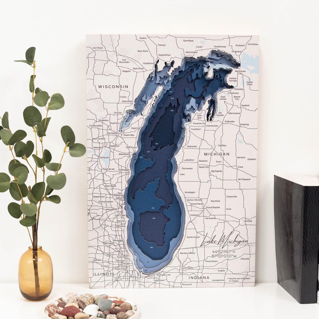 Lake Michigan Depth Map, Wall Art, Home Office Decor, Wooden Lake Plan ...