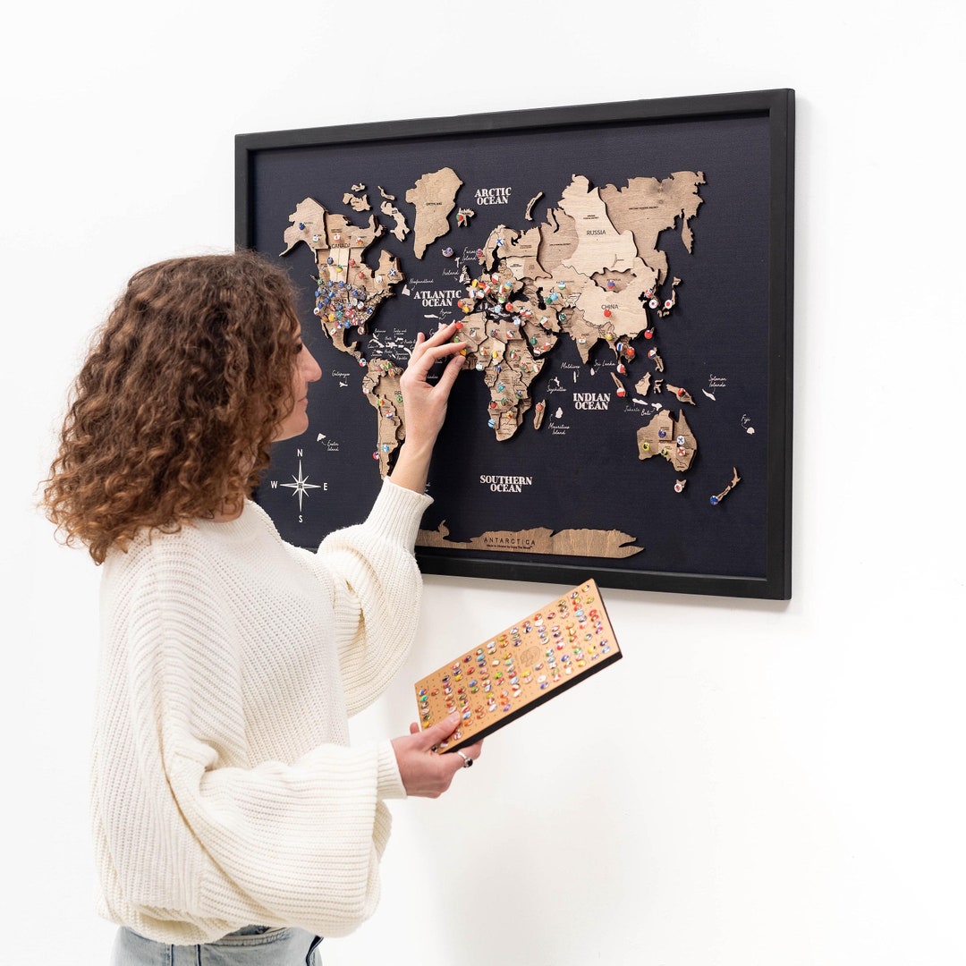 World Map Wall Art, Travel Map Push Pins, Home Decor, 5th Anniversary ...