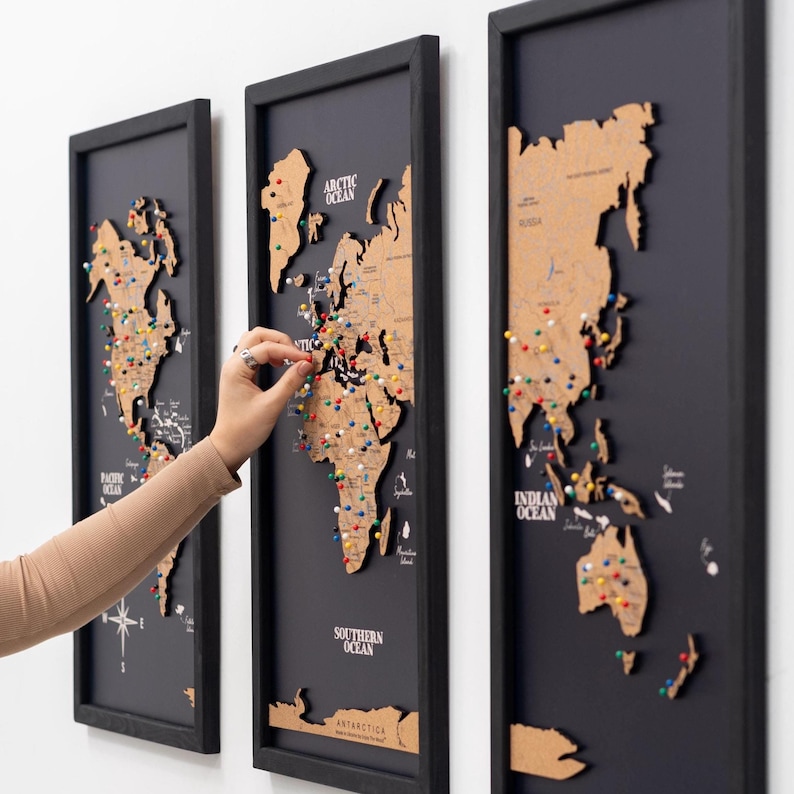 Cork World Map Wall Art, Push Pin Travel Map, Wood World Map, Home ...