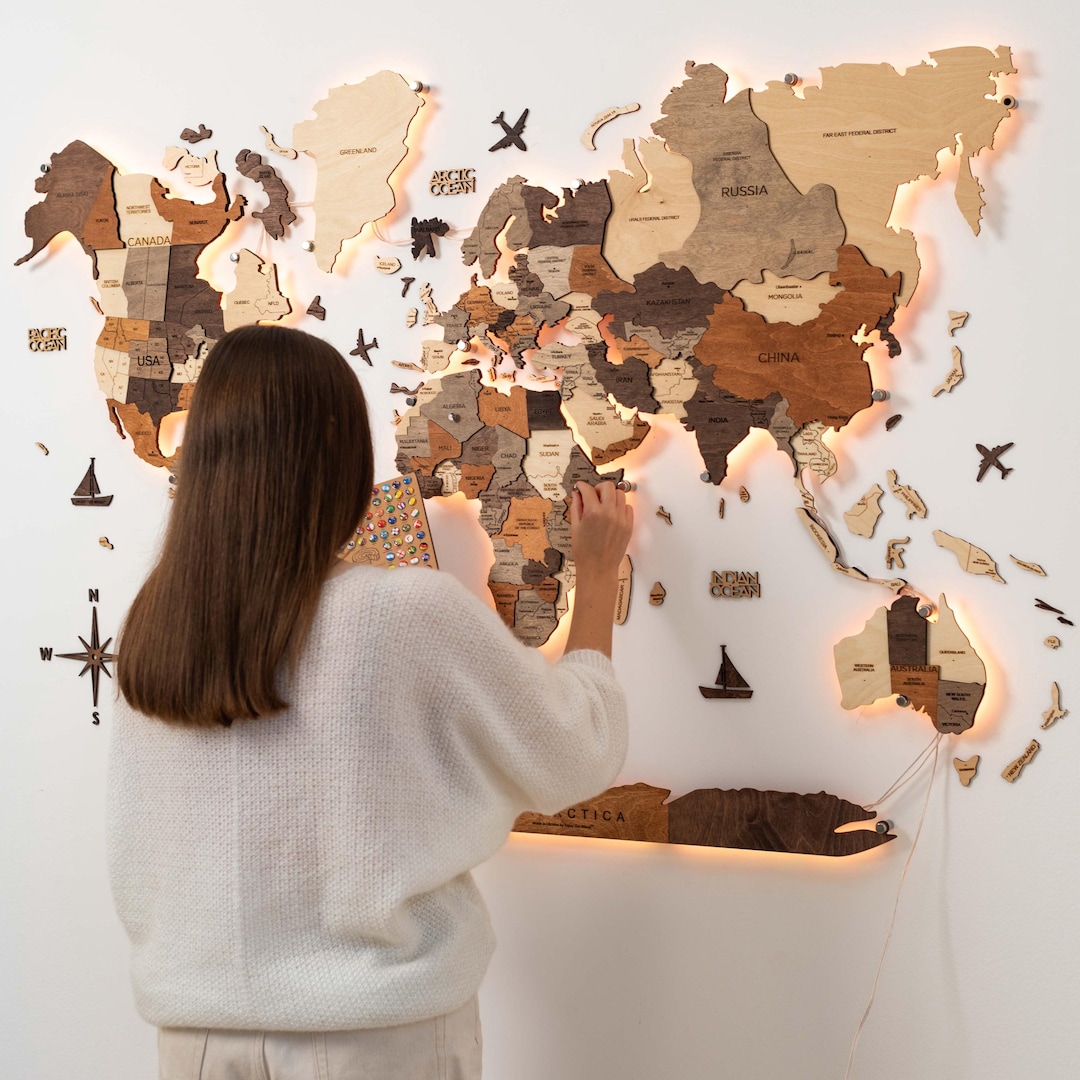 Wooden World Map With LED Backlighting, Wall Art LED, Our Travels Map ...