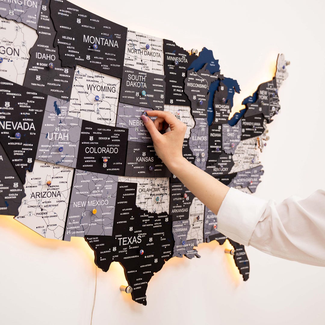 USA Travel Map With Pins, 3D Wall Map With LED Backlight, Wall Art Home ...