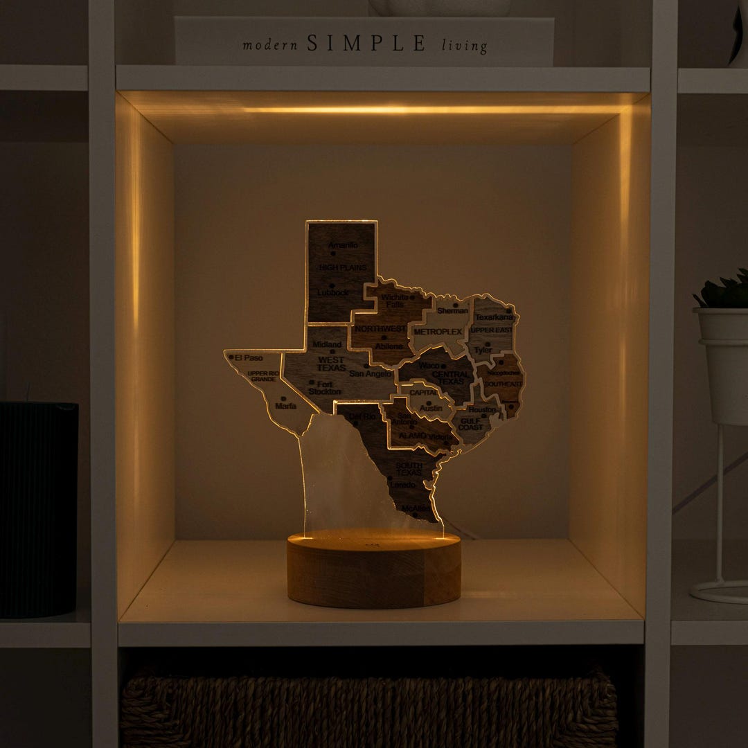 Acrylic Map Lamp, Texas State Night Light, Wood Travel USA Gift ...