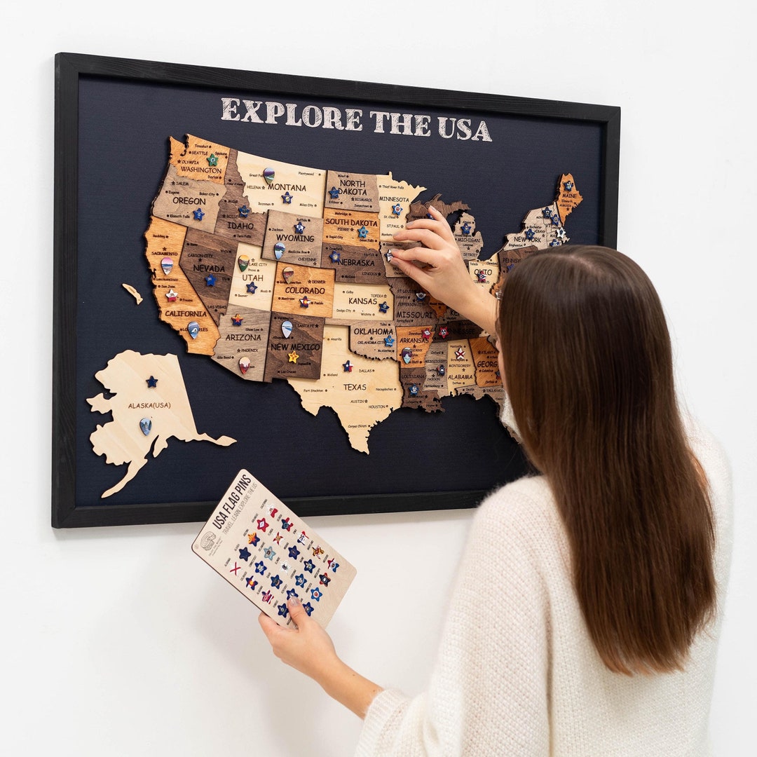 US Travel Map, Framed Wall Map, Push Pin Map of United States, American ...