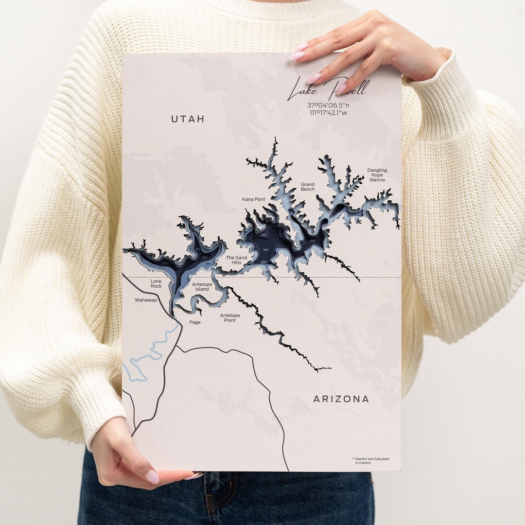 Lake Powell Wall Art, Topographic Lake Map, Depth Map, Home Decor ...