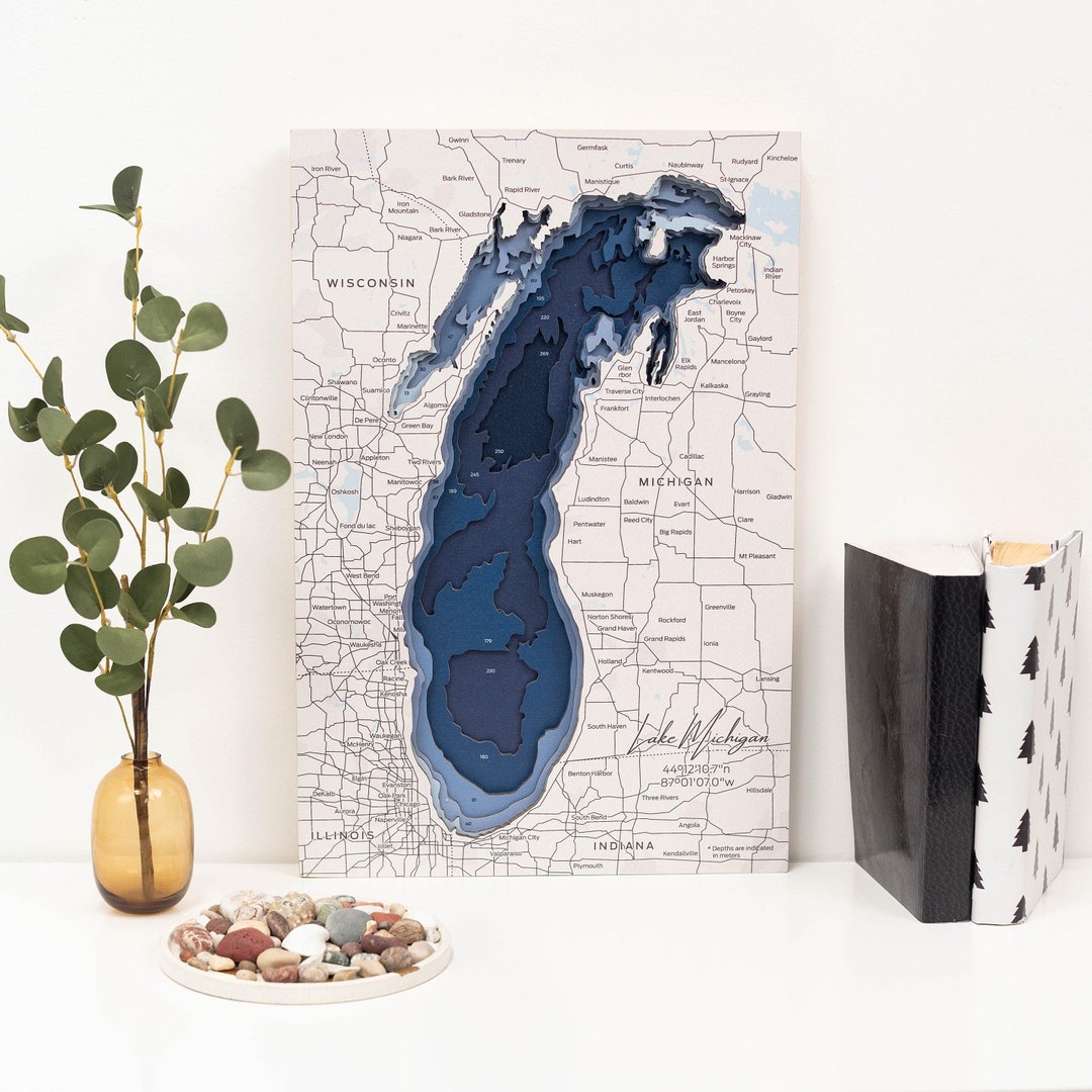 Lake Michigan Depth Map, Wall Art, Home Office Decor, 3D Wooden Lake ...