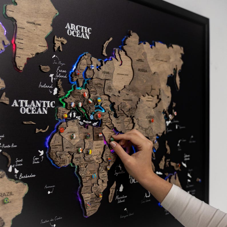 LED Wooden World Map Wall Art – Personalized Travel Decor – Anniversary ...