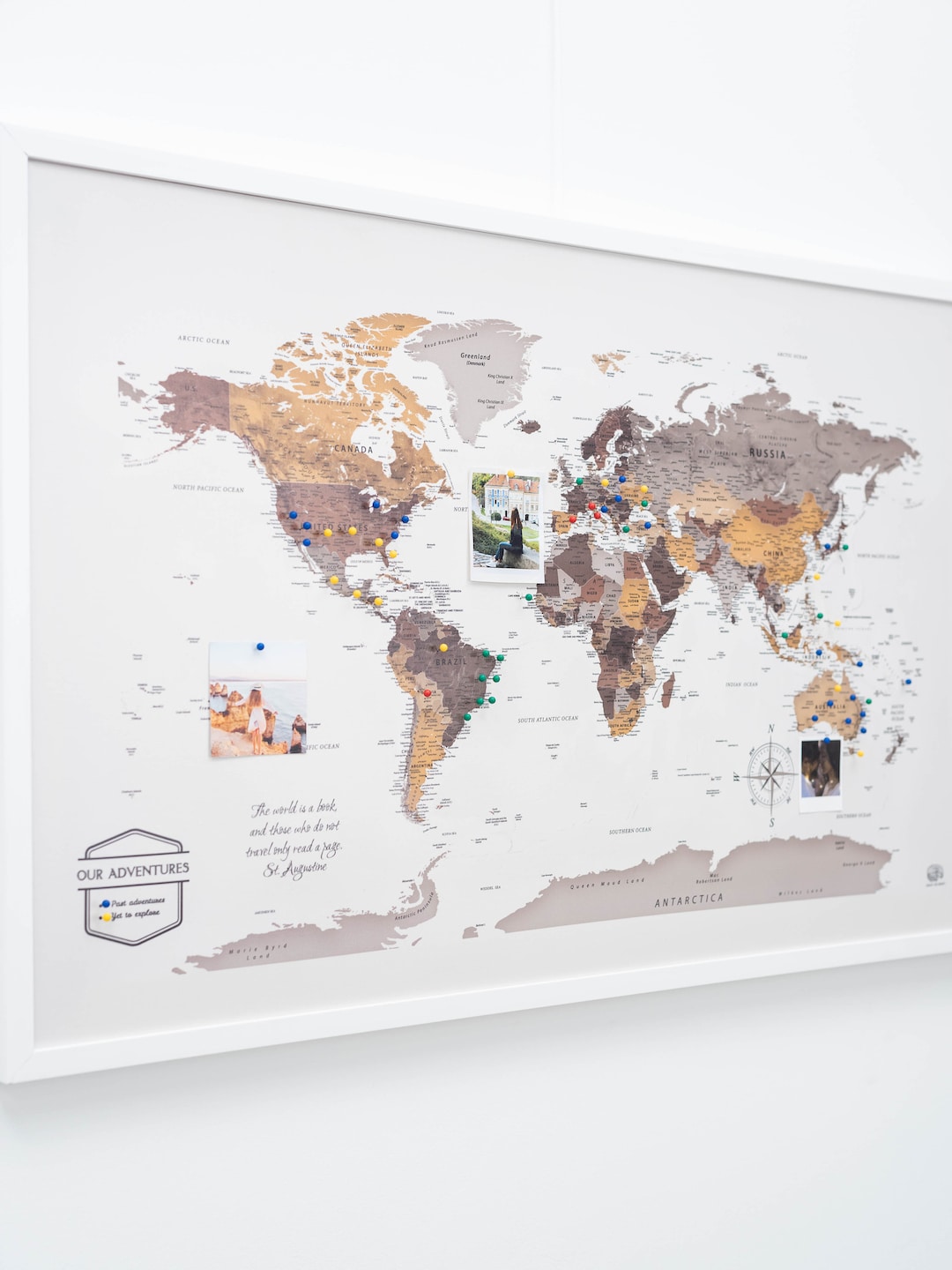 World Map Wall Art, Framed Wall Decor, Canvas Mounted Map, Push Pin Map ...