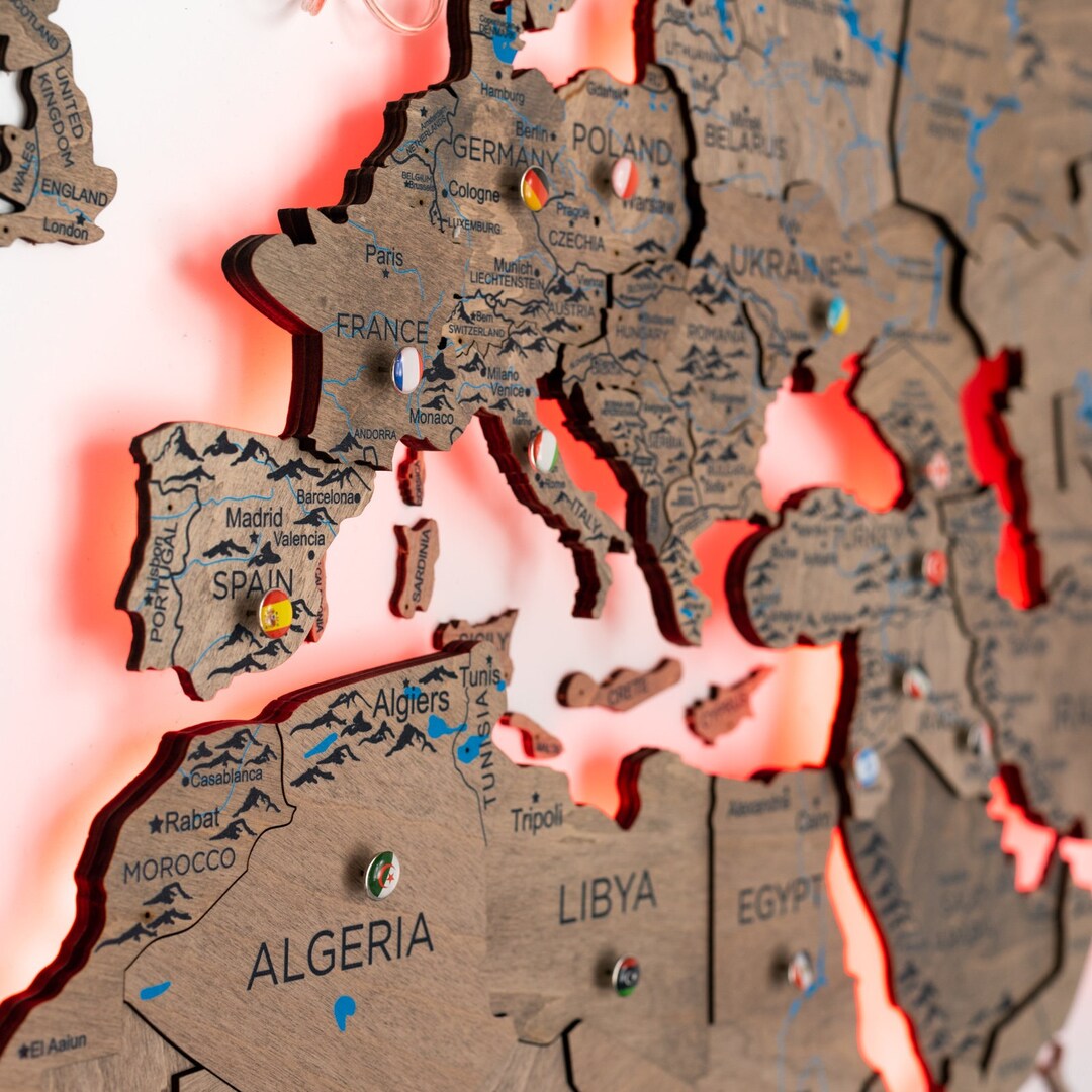 Travel Map Push Pin, World Map With Backlight, Housewarming Gift, Home ...