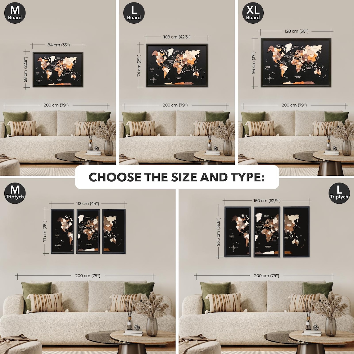 Triptych Wall Art Handmade Wooden World Map With Push Pin Travel ...