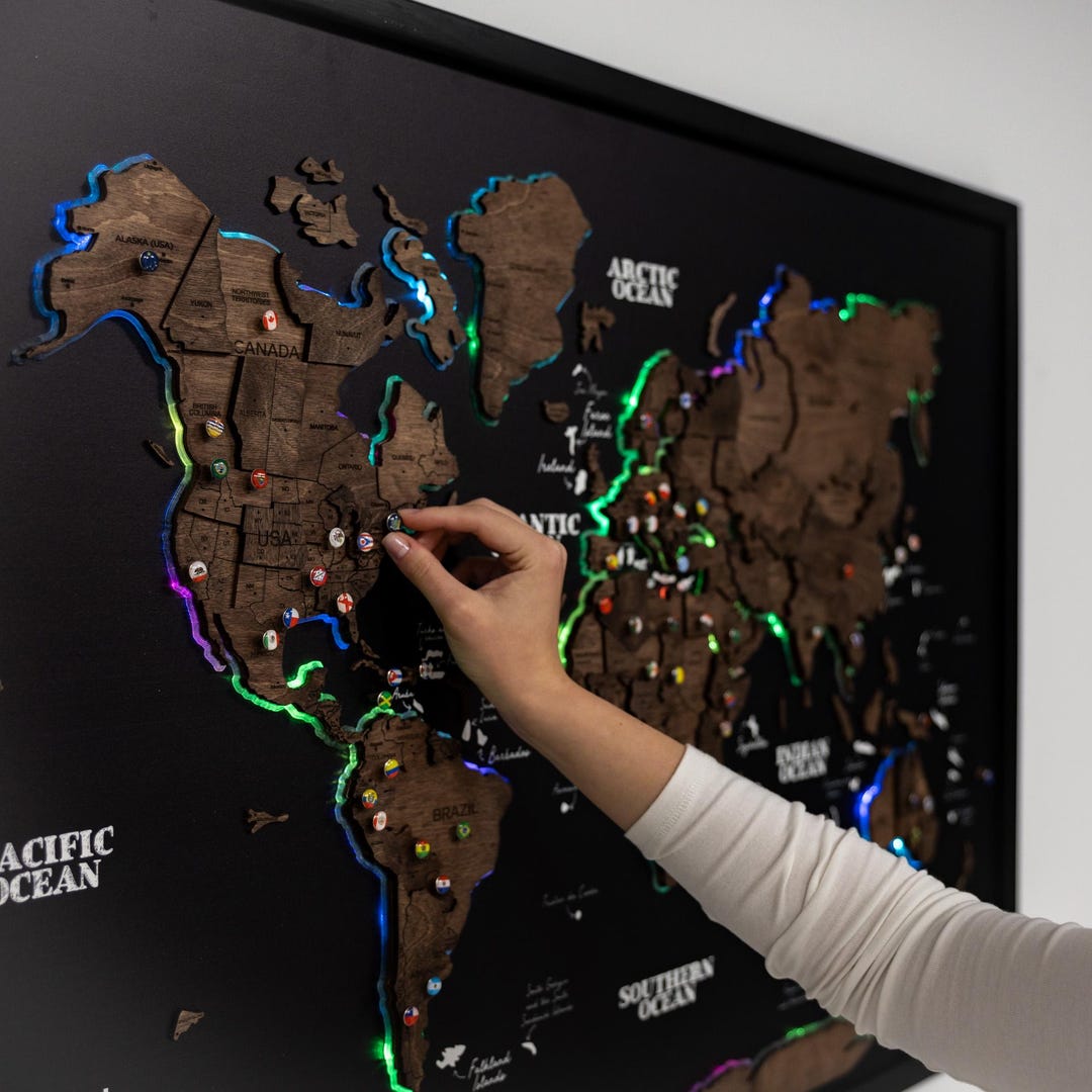 Illuminated Wood World Map 3D LED Art Wall Decor Travel Tracker Push ...