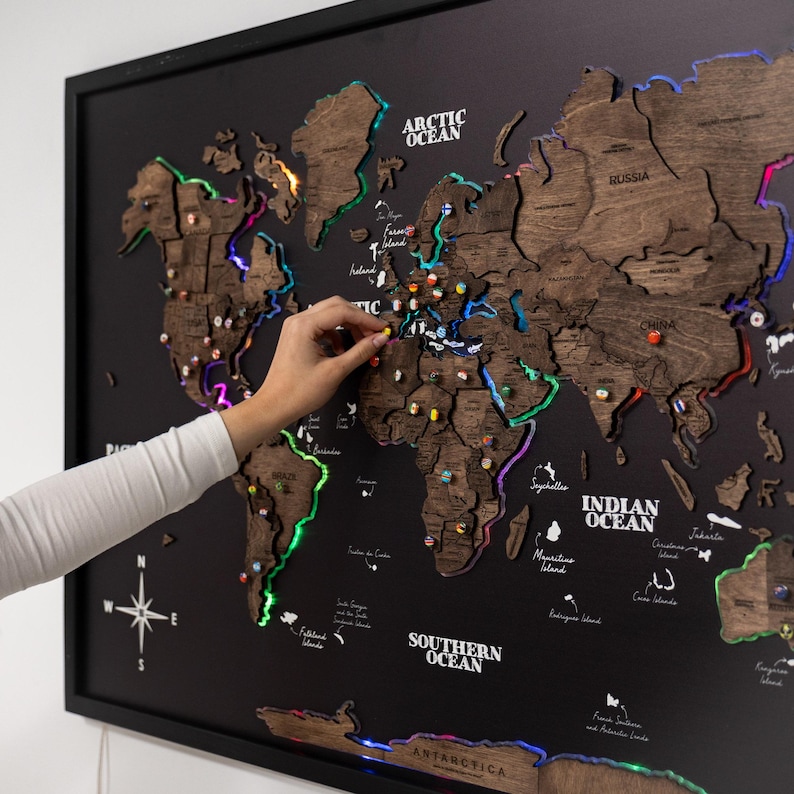 LED Wooden World Map Wall Art – Personalized Travel Decor – Anniversary ...