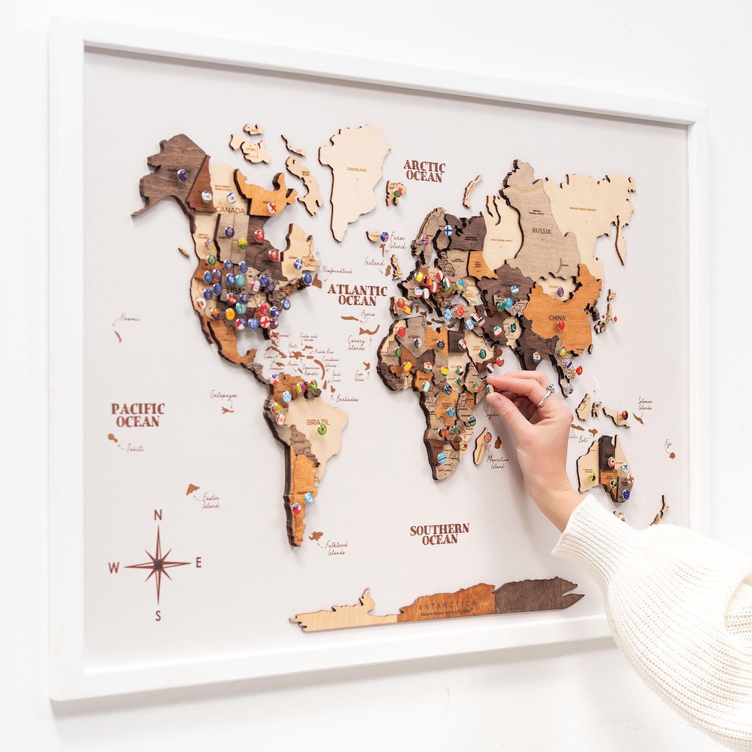 3D Wooden World Map, Panel Wall Art, Push Pin Map on Board, Home Decor ...