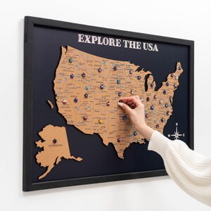 US Push Pin Map, Framed US Map, Cork Travel Map Board, Anniversary Gift ...