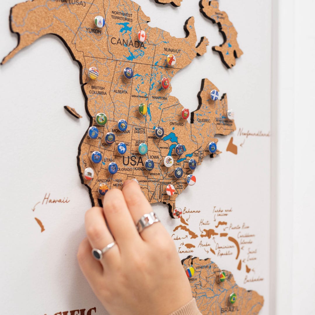 Three Panel Cork World Map Wall Art, Wooden Wall Hanging, Global Wall ...