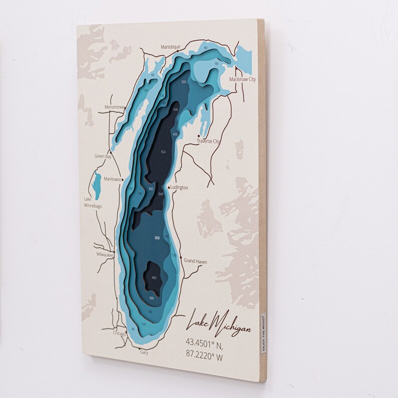 Lake Michigan Map Watercolor Style Lake Map 3D Wooden Lake - Etsy