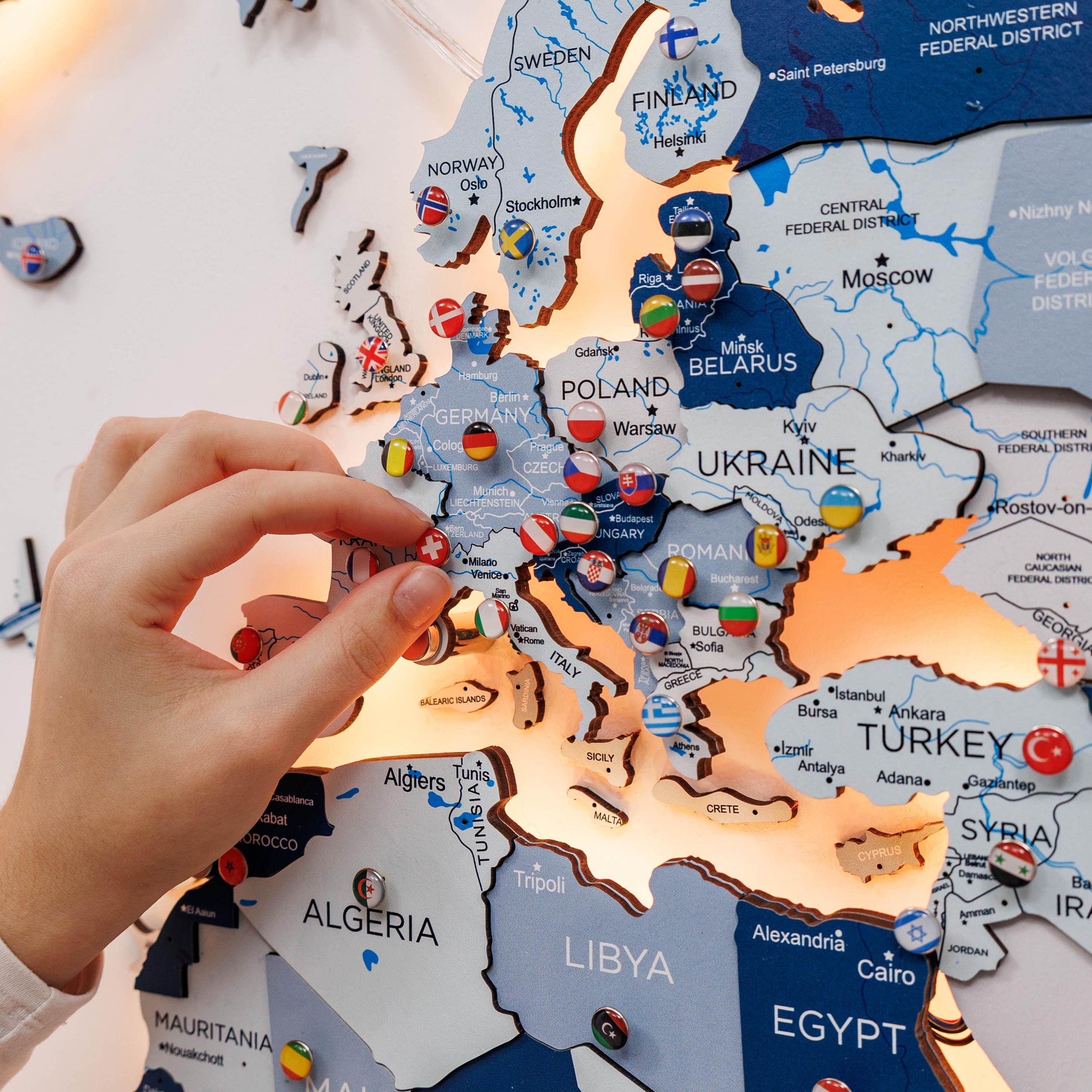 3D Wooden World Map With LED Backlight, Push Pin Traveling Map Tracker ...
