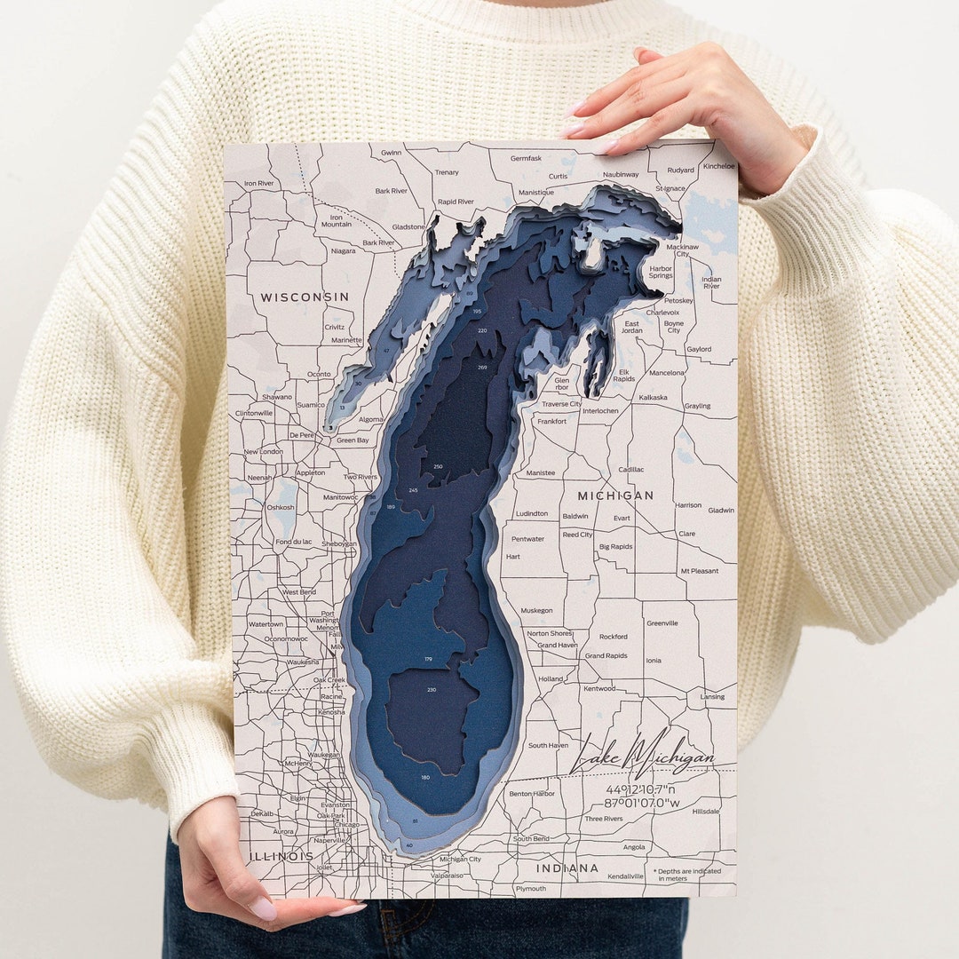 Lake Michigan Map, Watercolor Style Lake Map, 3D Wooden Lake Plan ...