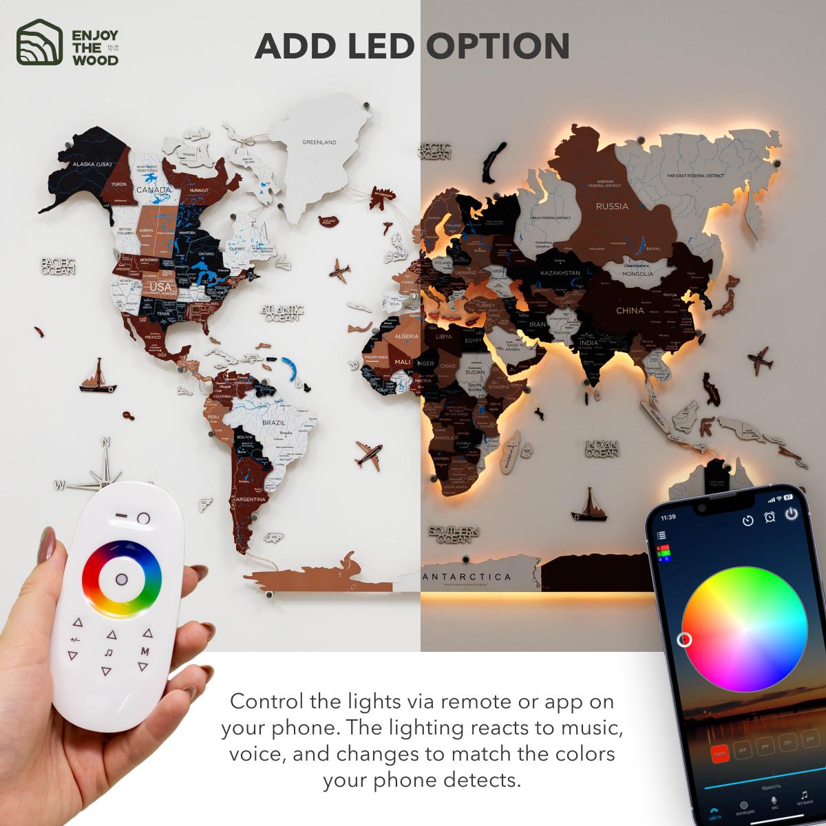 3D World Map With LED Backlight Glows in the Dark Push Pin Traveling ...