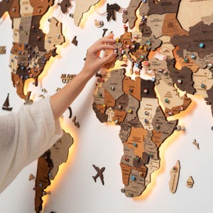 Wooden World Map With LED Backlighting, Wall Art LED, Our Travels Map ...