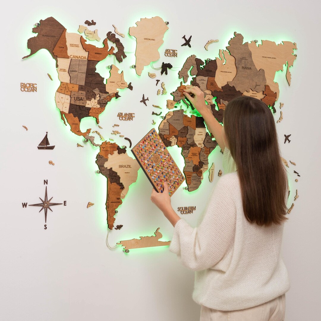 Wooden World Map Wall Decor, LED Map of the World, Backlight Map Art ...