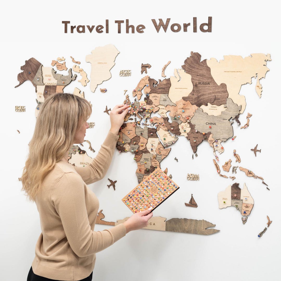 Travel Map Art Wall Hanging Decor Above Bed Wooden World Map With Pins ...