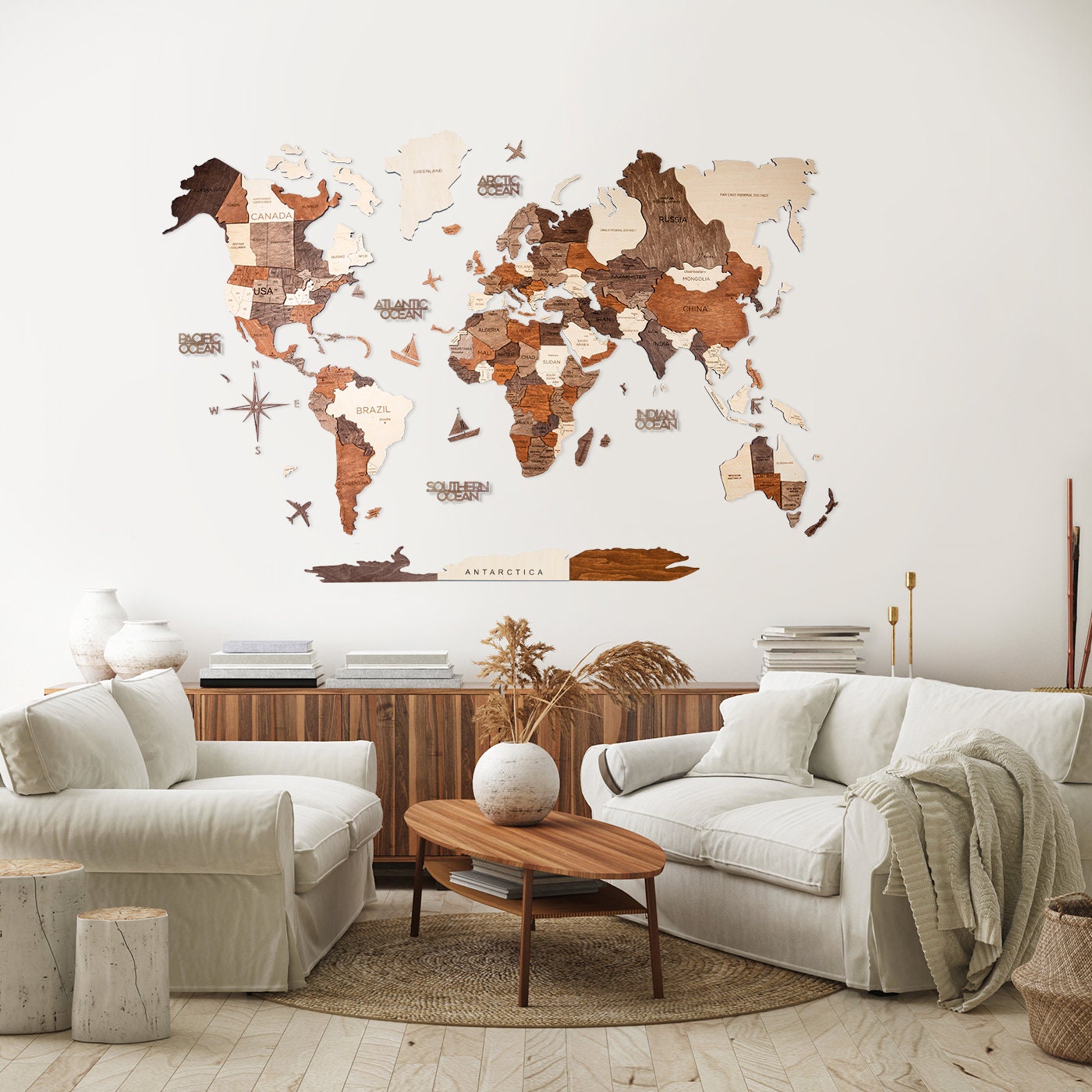 Home & Living Wall Hangings Wood World Map 3D Classic Stylish Oak Wall ...