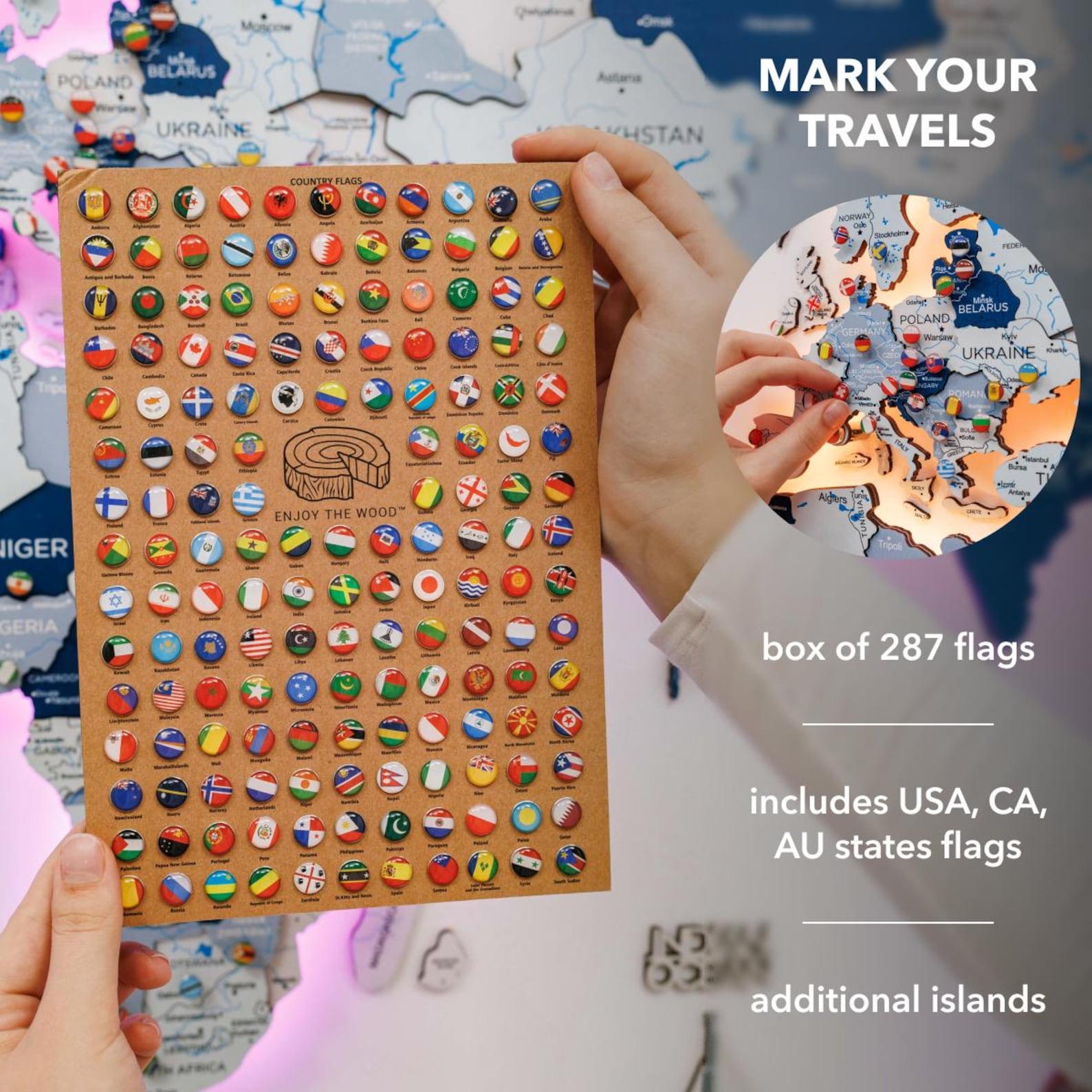 3D Wooden World Map With LED Backlight, Push Pin Traveling Map Tracker ...