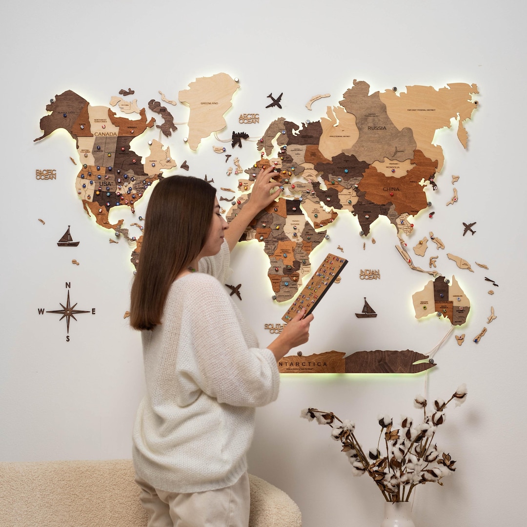 Wooden World Map Wall Decor, LED Map of the World, Backlight Map Art ...