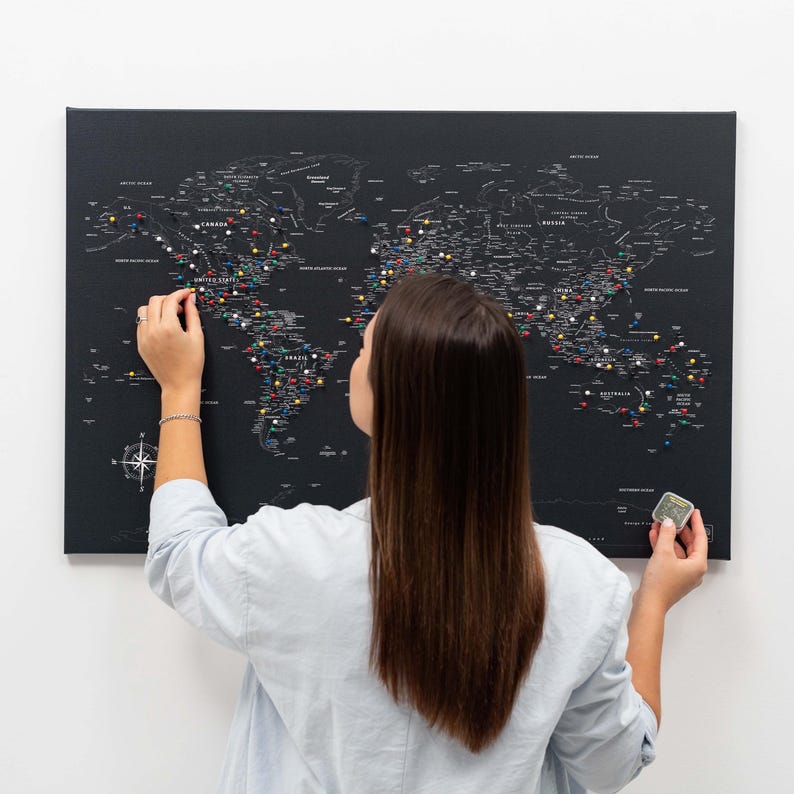 Detailed Travel Map, Visited Countries Pin Board Canvas, Places You've ...