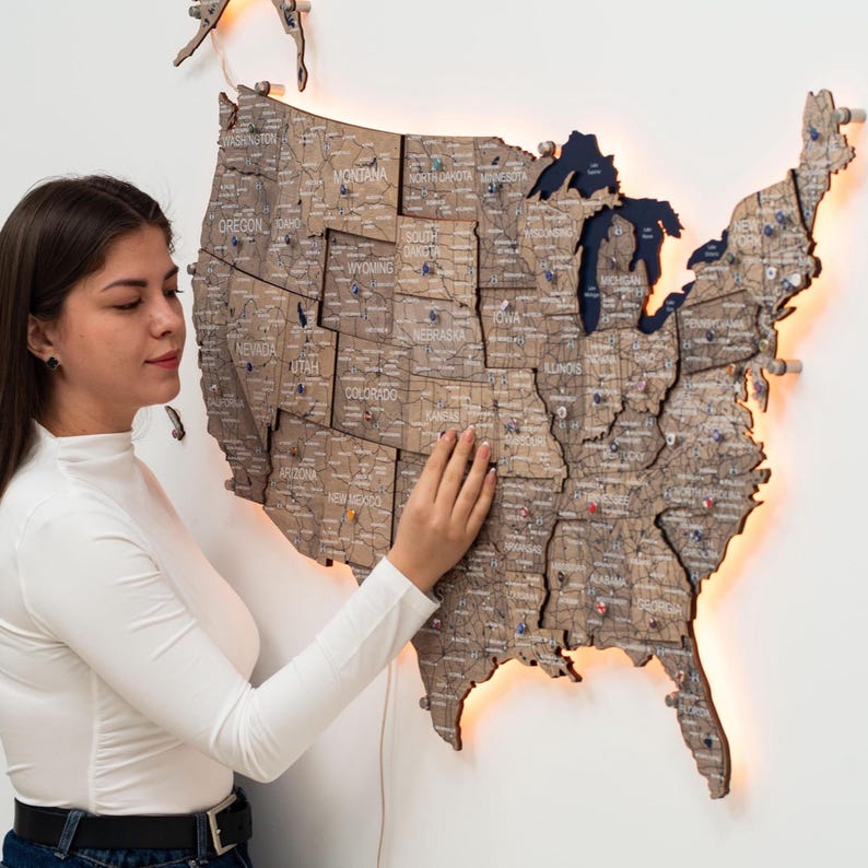 US Push Pin Map With LED Backlight, Travel Map Push Pin, Home Decor ...