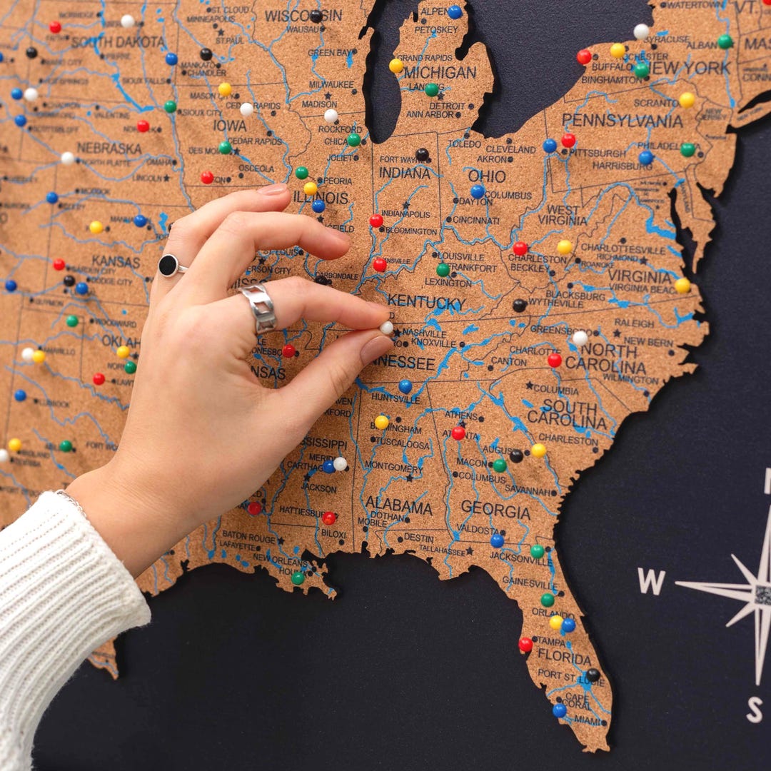 Cork Map of United States Wall Decor Framed US Map Travel Tracker Pin ...