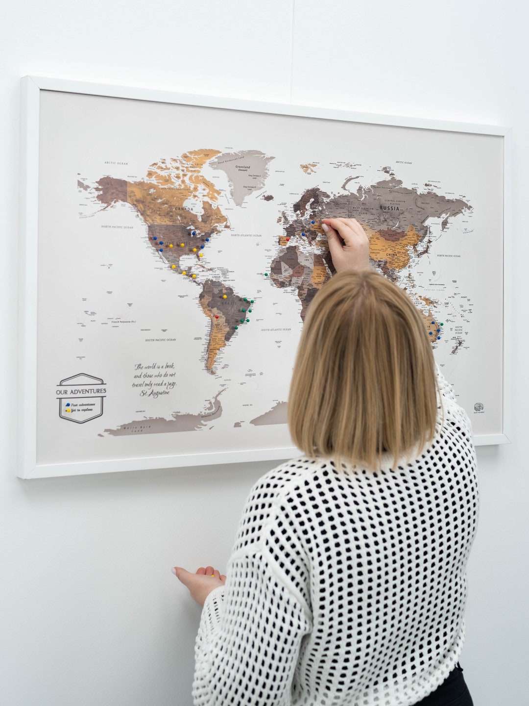 Personalized World Map, Apartment Decor, Framed Wall Decor, Detailed ...