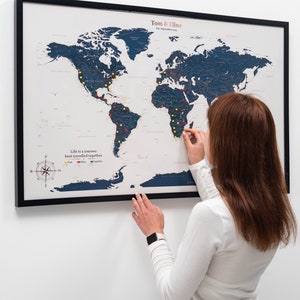 World Map Wall Art, Framed Wall Decor, Canvas Mounted Map, Push Pin Map ...